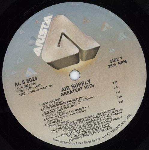 Air Supply Greatest Hits US Promo vinyl LP album (LP record) (779566)