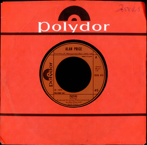 Alan Price Papers UK 7" vinyl single (7 inch record / 45) (493881)