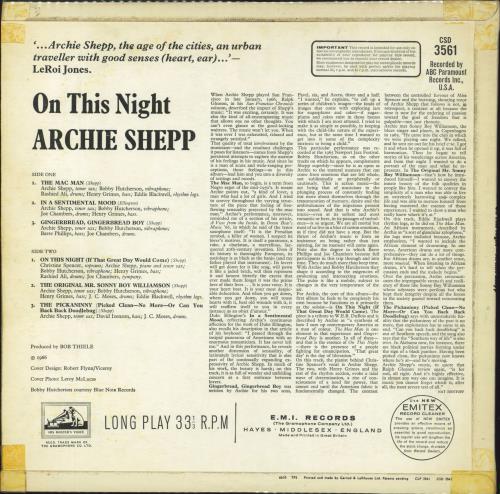 Archie Shepp On This Night - Stereo UK vinyl LP album (LP record) (795406)