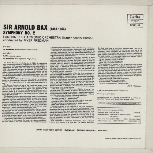 Arnold Bax Symphony No. 2 UK vinyl LP album (LP record) (763459)