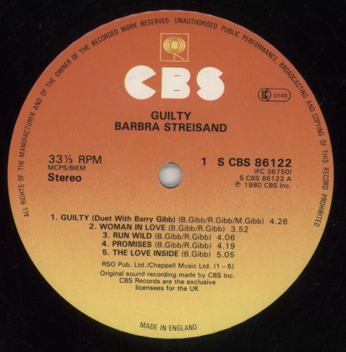Barbra Streisand Guilty UK vinyl LP album (LP record) (247556)