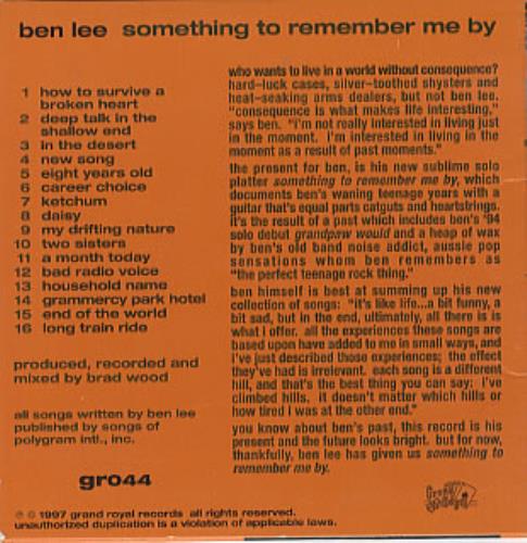 Ben Lee Something To Remember Me By US Promo CD single (CD5 / 5") (334518)