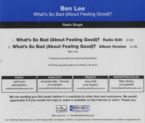 Ben Lee What's So Bad (About Feeling Good)? US Promo CD single (CD5 / 5 ...