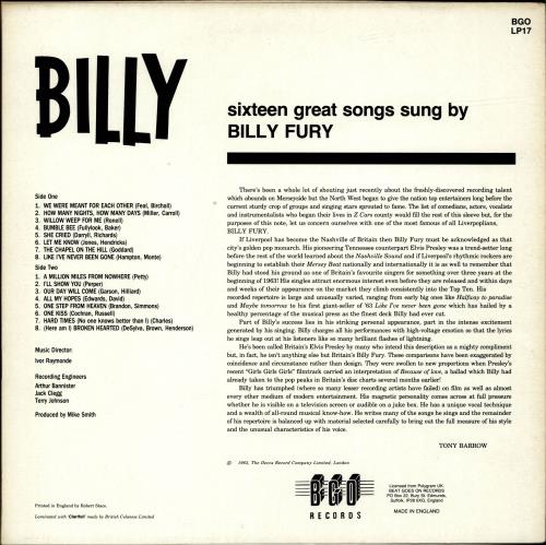 Billy Fury Billy UK vinyl LP album (LP record) (699141)