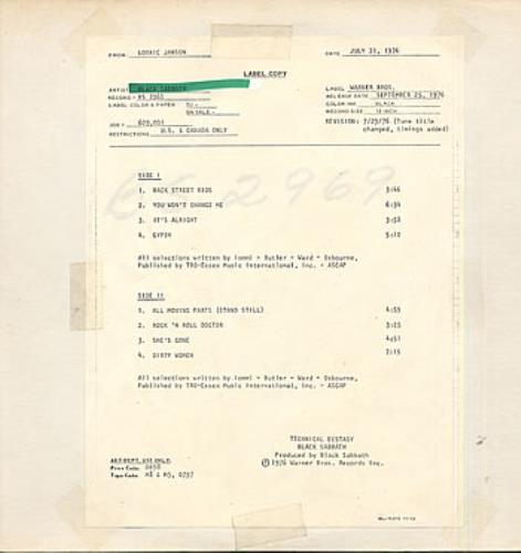 Black Sabbath Technical Ecstasy - Test Pressing - Label Sheet US vinyl ...