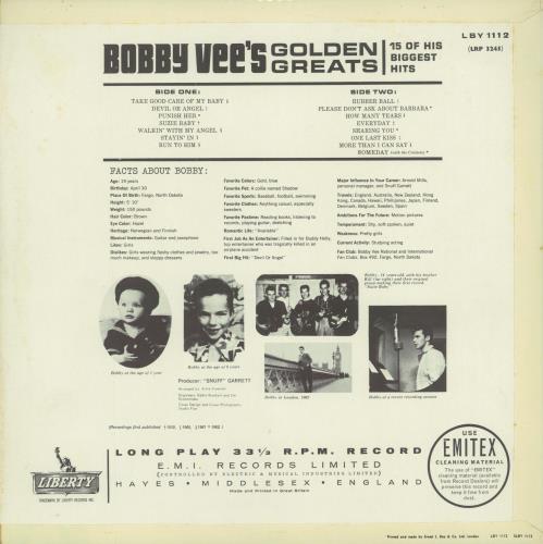 Bobby Vee Golden Greats UK vinyl LP album (LP record) (789540)