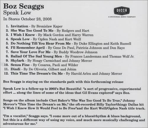 Boz Scaggs Speak Low US Promo CD-R acetate (454561)
