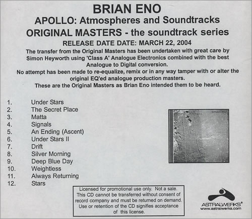 Brian Eno Apollo: Atmospheres And Soundtracks US Promo CD-R acetate ...