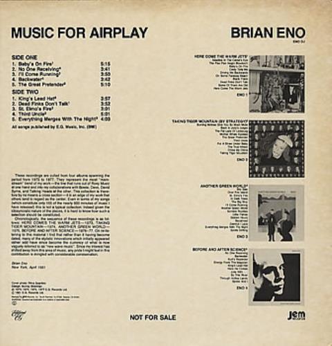 Brian Eno Music For Airplay US Promo vinyl LP album (LP record) (71436)