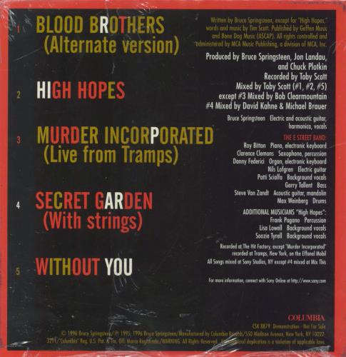 Bruce Springsteen Blood Brothers US Promo CD single (CD5 / 5") (76740)