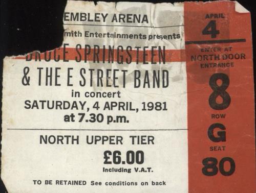 Bruce Springsteen Wembley Arena 1981 UK concert ticket (732026) TICKET STUB