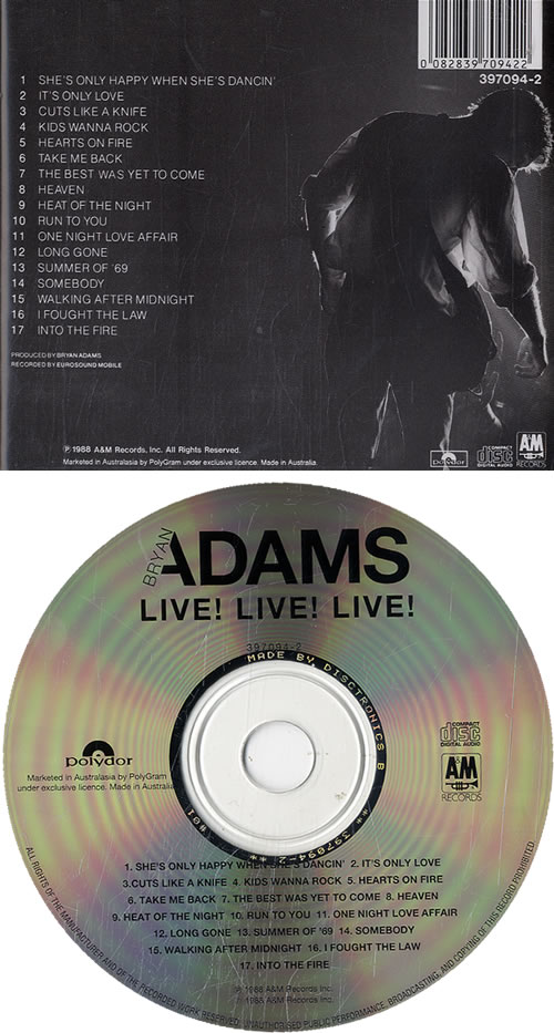 Bryan Adams Live Live Live Australian CD album (CDLP) (24694)