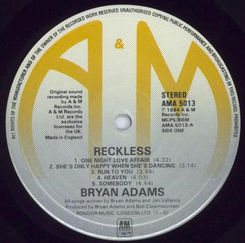 Bryan Adams Reckless - 2nd UK vinyl LP album (LP record) (829302)