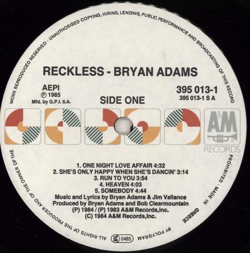 Bryan Adams Reckless Greek vinyl LP album (LP record) (765840)