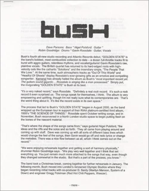 Bush Golden State US Promo media press pack (203482) PRESS PACK