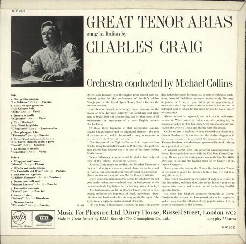 Charles Craig Great Tenor Arias UK vinyl LP album (LP record) (708206)