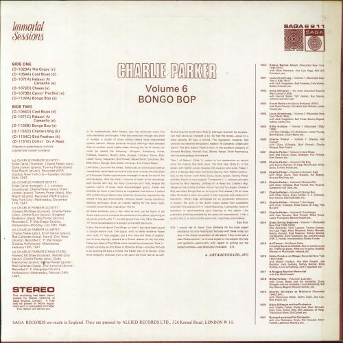 Charlie Parker Volume 6: Bongo Bop UK vinyl LP album (LP record) (800336)