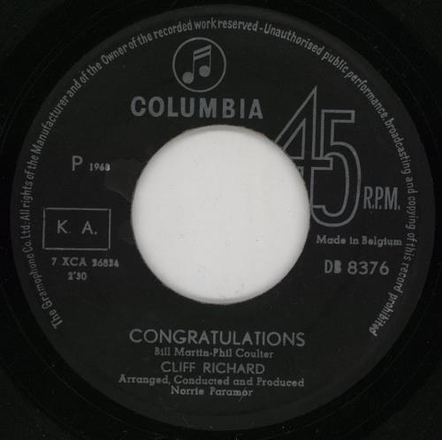 Cliff Richard Congratulations + Sleeve Belgian 7" vinyl single (7 inch ...
