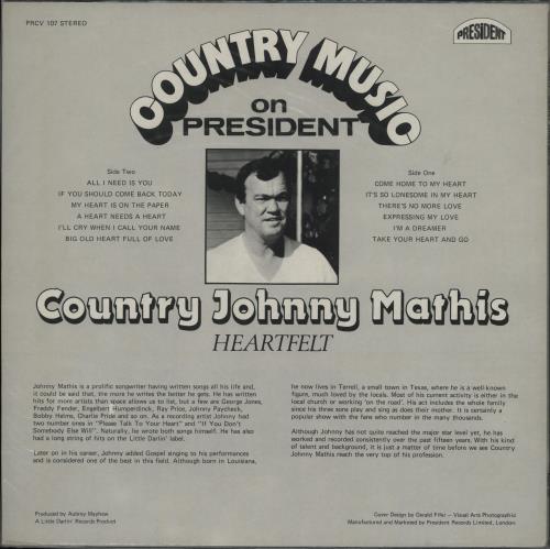 Country Johnny Mathis Heartfelt UK vinyl LP album (LP record) (763298)