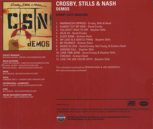 Crosby, Stills & Nash Demos US Promo CD-R acetate (476947)