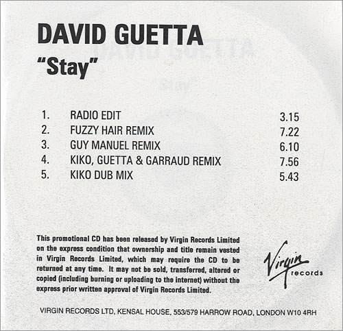 David Guetta Stay - Remixes UK Promo CD-R acetate (484730)