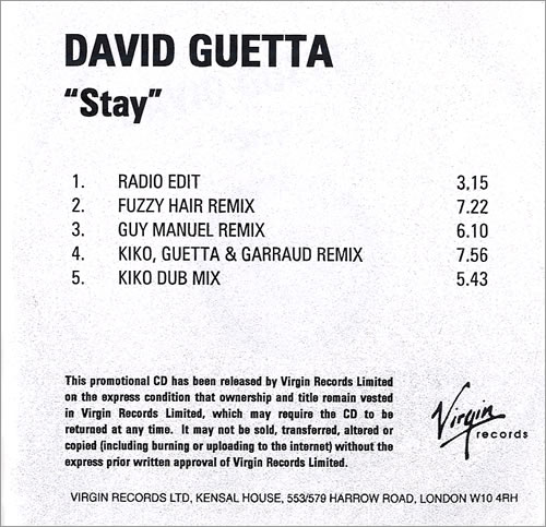 David Guetta Stay UK Promo CD-R acetate (482904)