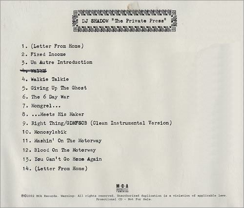 DJ Shadow The Private Press US Promo CD album (CDLP) (460262)