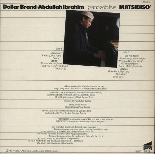 Dollar Brand Matsidiso German vinyl LP album (LP record) (857290)