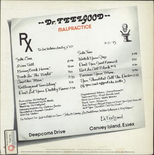Dr Feelgood Malpractice Canadian vinyl LP album (LP record) (768594)