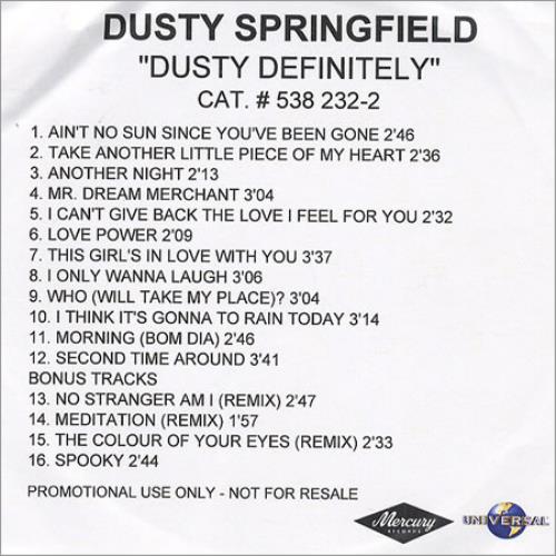 Dusty Springfield Dusty Definitely UK Promo CD-R acetate (194514)