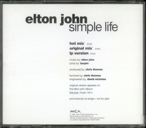 Elton John Simple Life US Promo CD single (CD5 / 5") (69236)