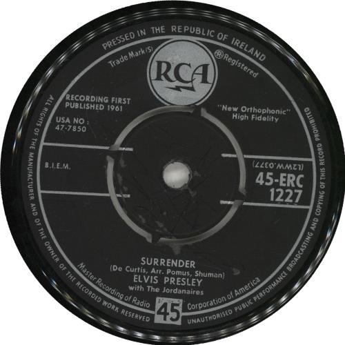 Elvis Presley Surrender Irish 7" vinyl single (7 inch record / 45) (704710)