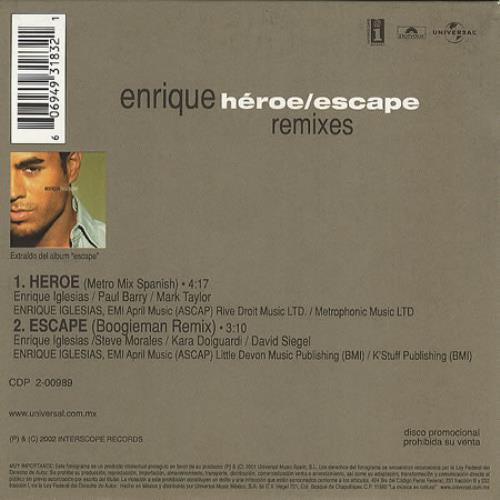 Enrique Iglesias Heroe/Escape Mexican Promo CD single (CD5 / 5") (225578)