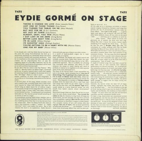 Eydie Gormé Eydie Gormé On Stage UK vinyl LP album (LP record) (770503)