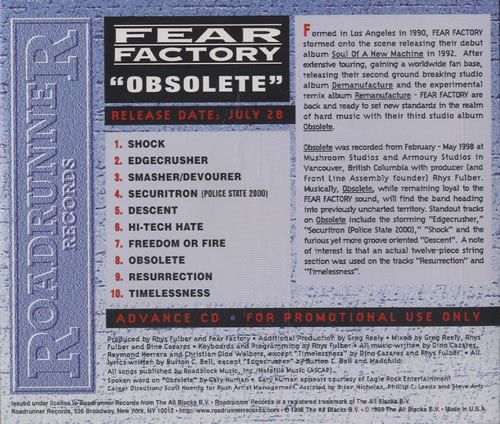 Fear Factory Obsolete US Promo CD album (CDLP) (464839)