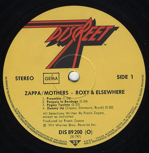 Frank Zappa Roxy & Elsewhere German 2-LP vinyl record set (Double LP ...