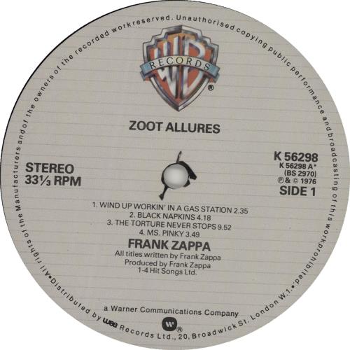 Frank Zappa Zoot Allures - 2nd UK vinyl LP album (LP record) (656675)