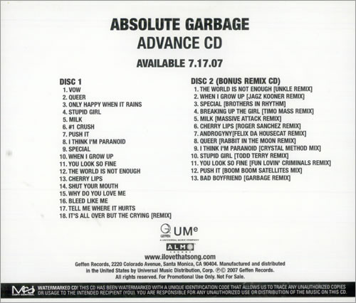 Garbage Absolute Garbage US Promo CD-R acetate (502492)
