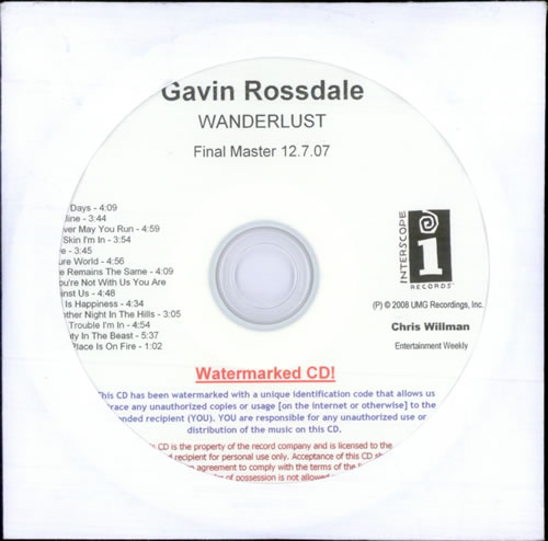 Gavin Rossdale Wanderlust US Promo CD-R acetate (508768)