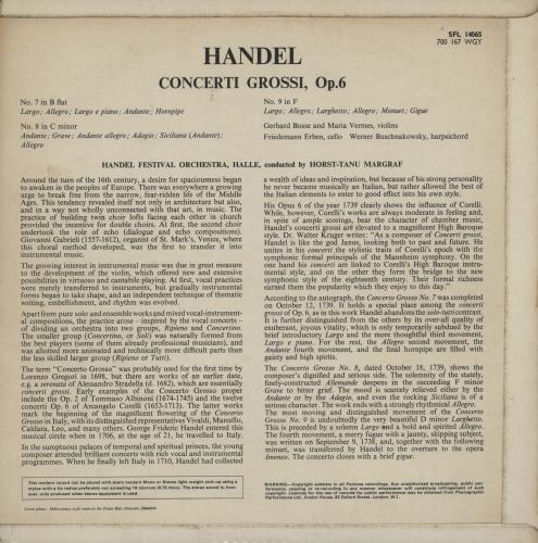 George Frideric Handel Concerti Grossi, Op.6 UK vinyl LP album (LP record) (750576)