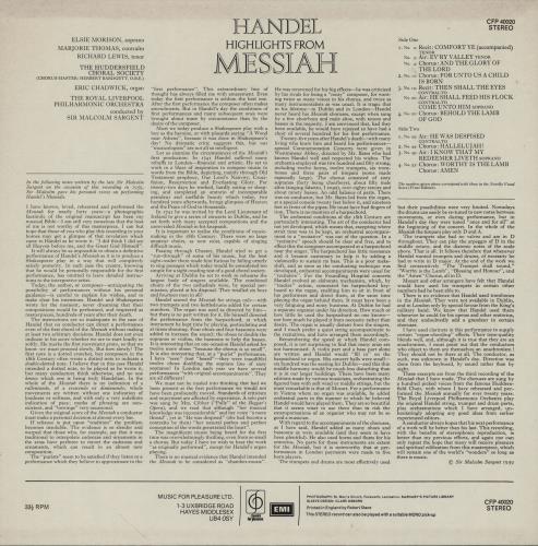 George Frideric Handel Highlights From Messiah UK vinyl LP album (LP ...