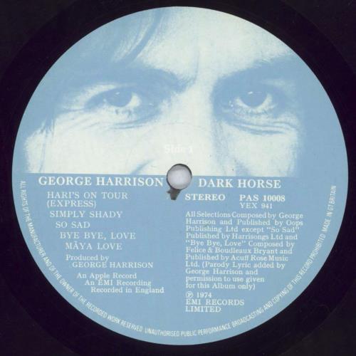 George Harrison Dark Horse VG UK vinyl LP album (LP record) (798608)