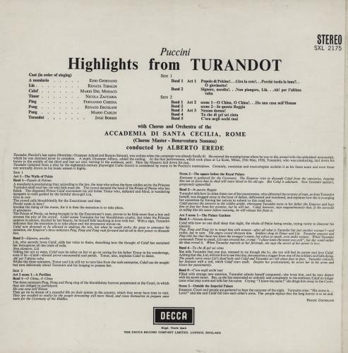 Giacomo Puccini Turandot Highlights UK vinyl LP album (LP record) (758588)