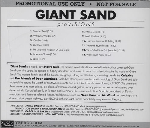 Giant Sand Provisions US Promo CD album (CDLP) (465721)