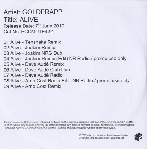 Goldfrapp Alive US Promo CD-R acetate (527166)