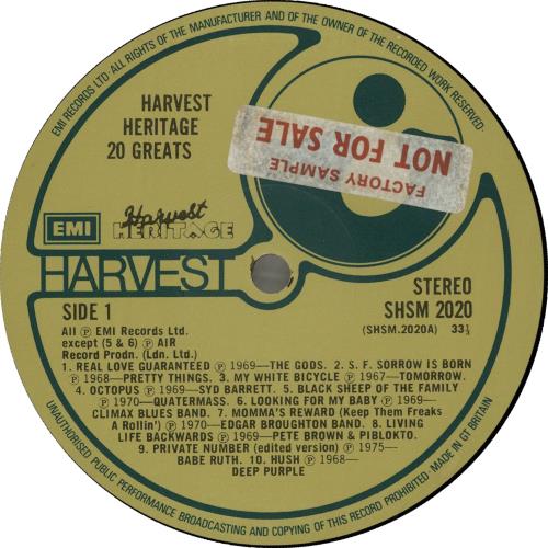 Harvest Label Harvest Heritage 20 Greats - Factory Sample UK vinyl LP ...