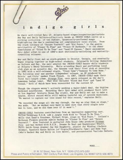 Indigo Girls Indigo Girls US Promo media press pack (139905) PRESS PACK