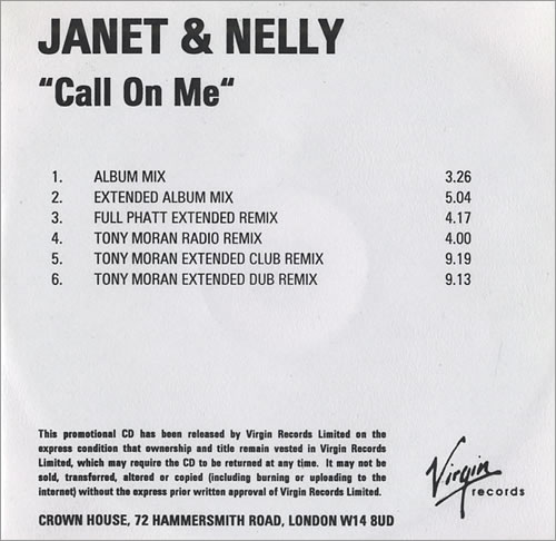 Janet Jackson Call On Me UK Promo CD-R acetate (446273)