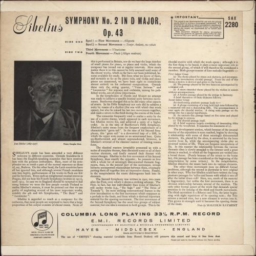 Jean Sibelius Symphony No. 2 in D Major Op. 43 UK vinyl LP album (LP record) (776425)