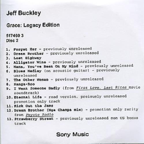 Jeff Buckley Grace: Legacy Edition UK Promo CD-R acetate (298711)